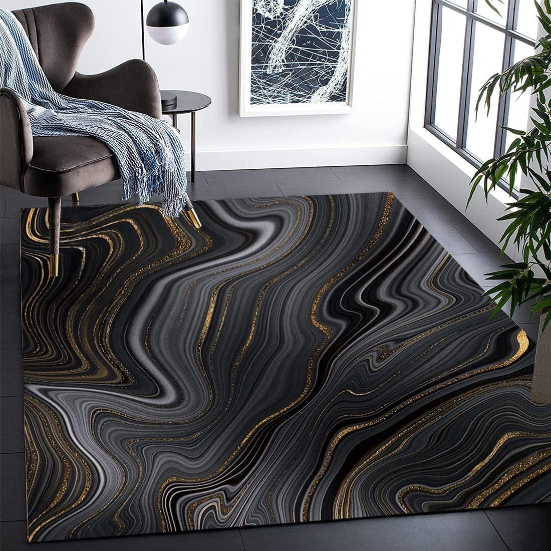 5x7 Dark Grey Pattern Gold Stripes Geometric Modern Area Rug for ...