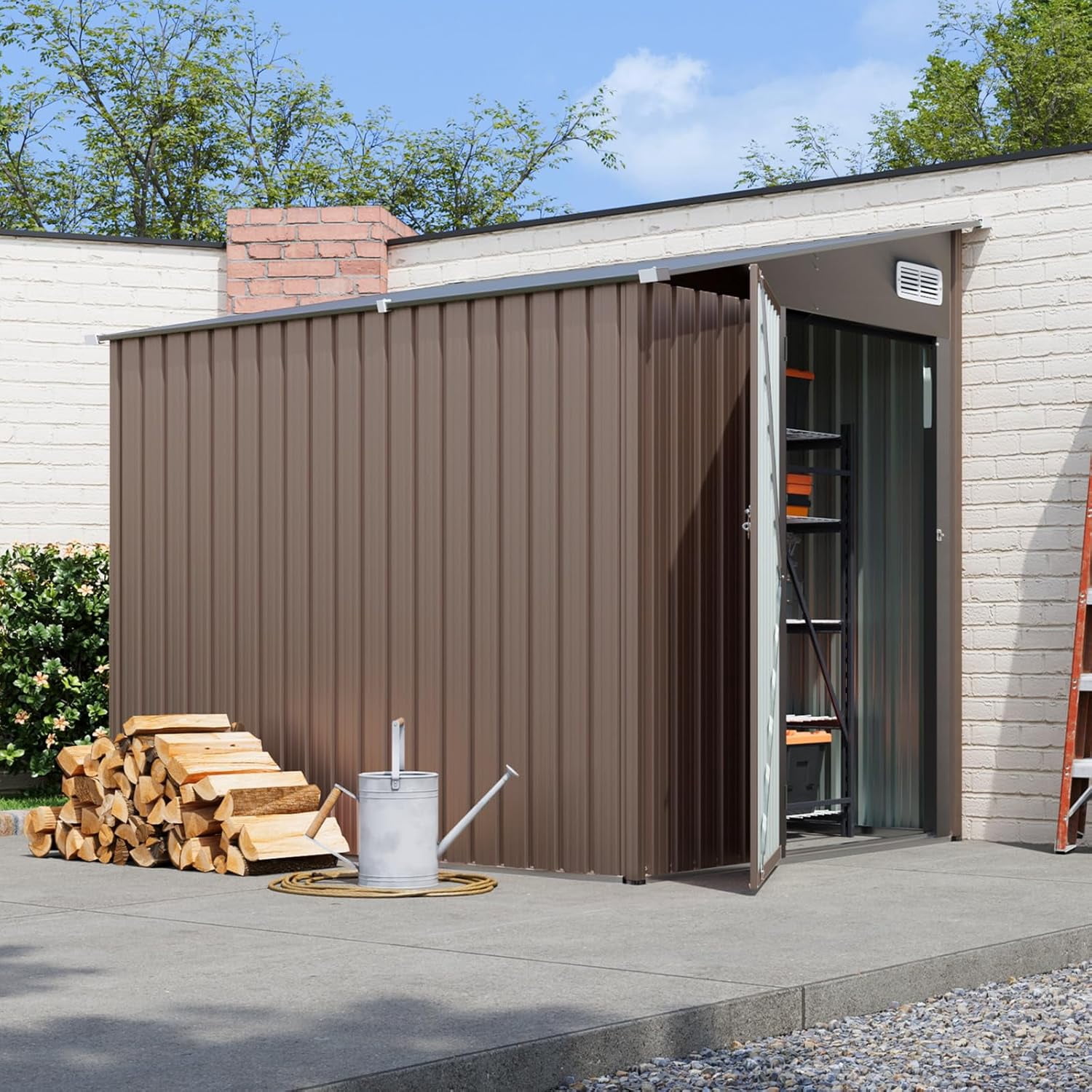 5x7 FT Lean to Shed, Outdoor Metal Storage Shed, Utility Steel Tool Shed with Lockable Door for ...