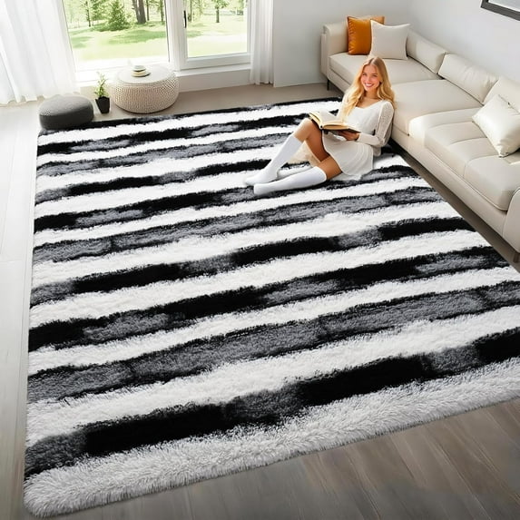 5x7 Feet Area Rugs for Living Room Bedroom,Black and White Machine ...