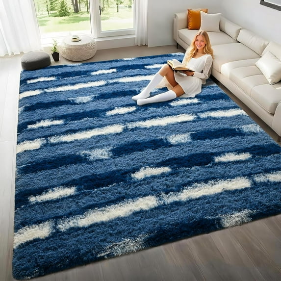5x7 Feet Area Rugs for Living Room Bedroom,Blue and White Machine ...