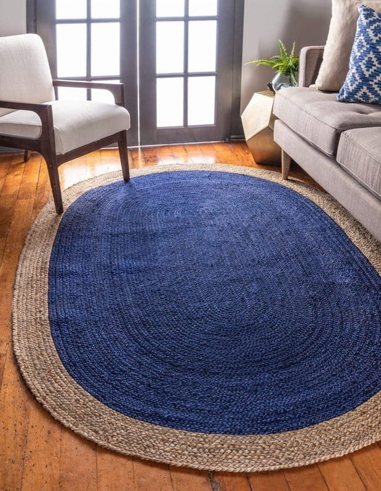 5x7 Ft Oval Navy Blue Jute Area Rug, Hand-Woven, Reversible, Farmhouse ...