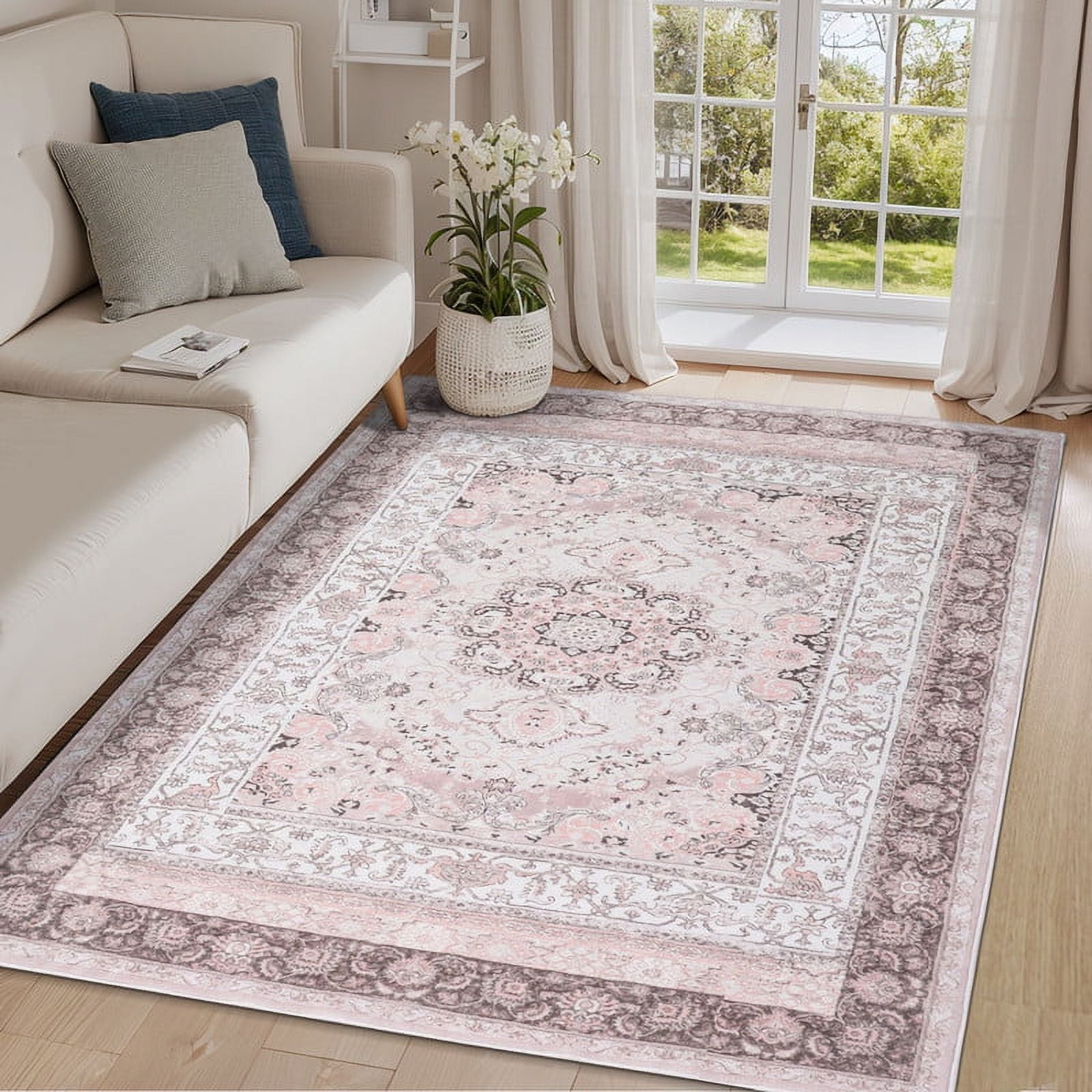 5x7 Nursery Rug - Baby Girl's Neutral Light Pink Floral Design - Pet ...