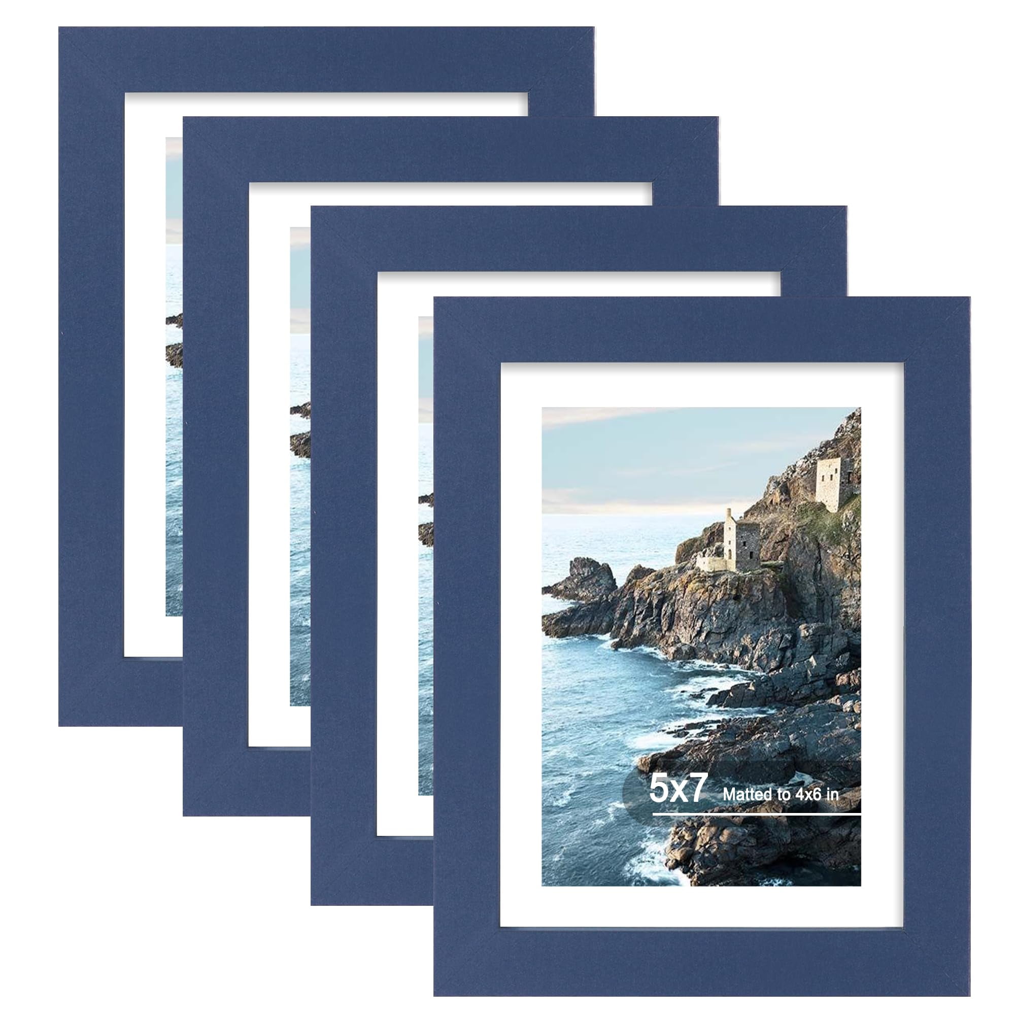 5x7 Picture Frame 4 Pack Blue, Real Glass and Wooden Frame for 4x6 Photos with Mat or 5x7 ...