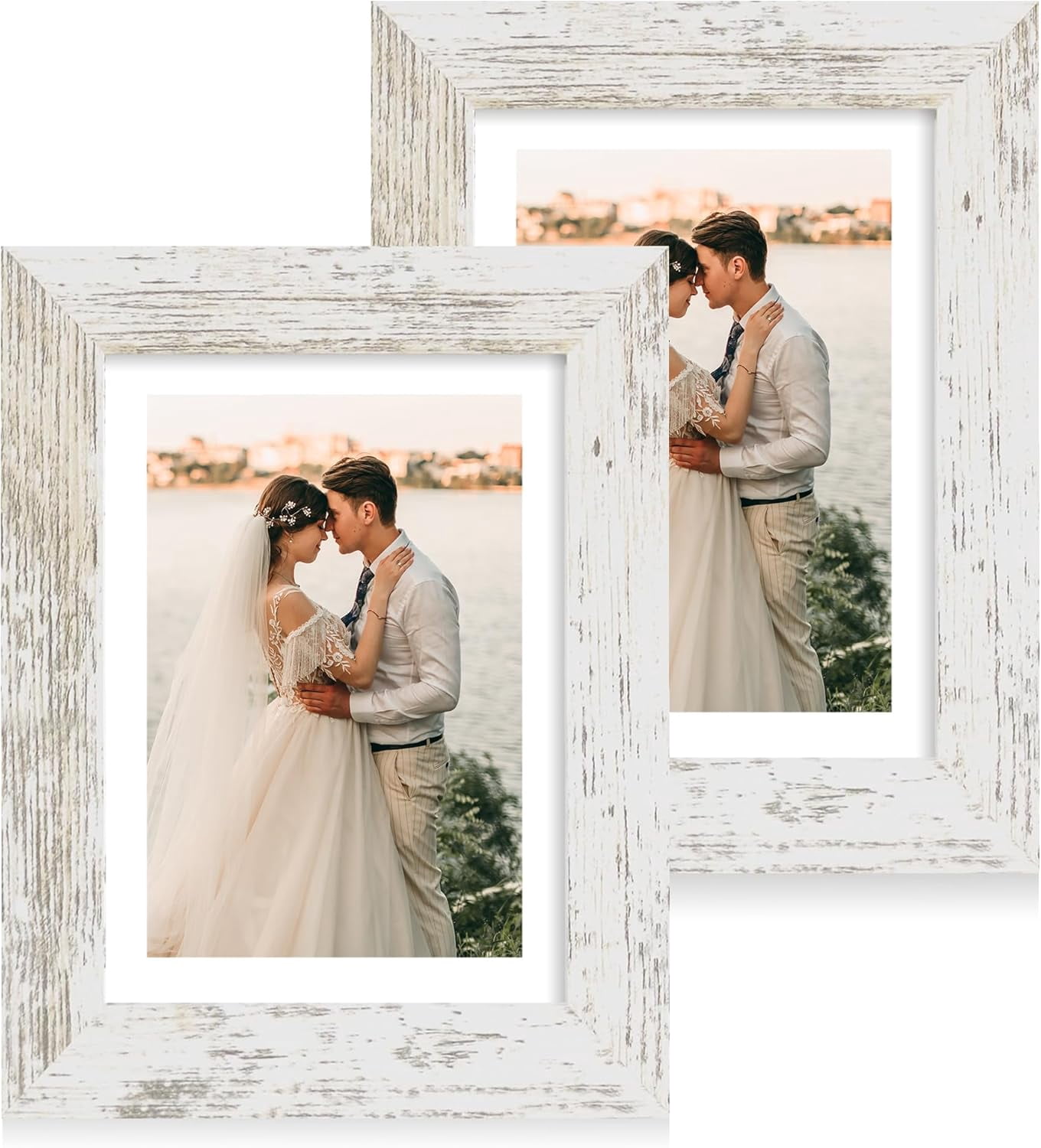 5x7 Picture Frame Set of 2 with HD Glass, Distressed White Photo Frames ...