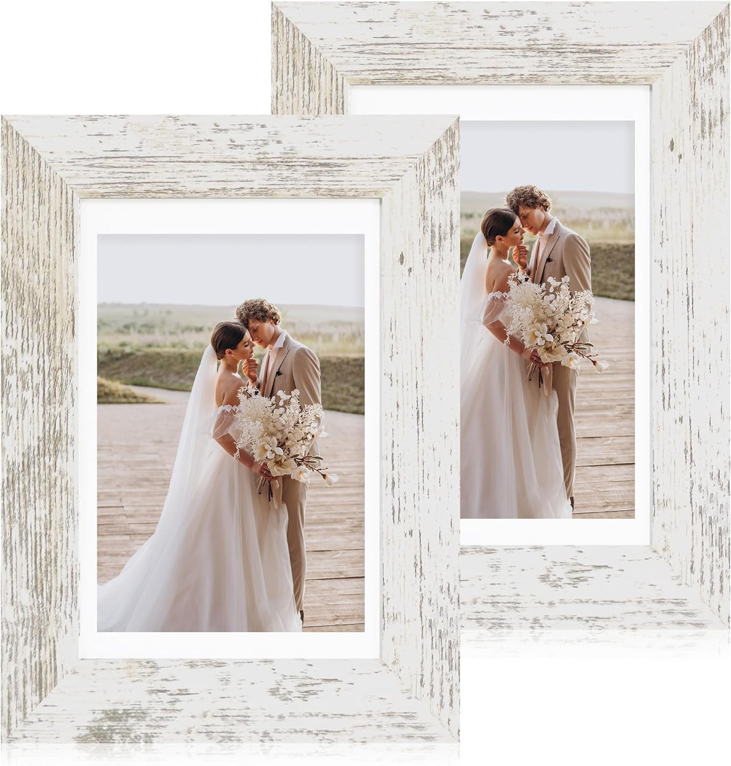 5x7 Picture Frame Set of 2, Made of Real Glass and Distressed White ...