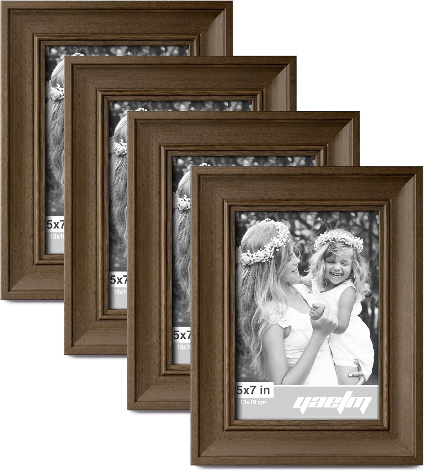 5x7 Picture Frame Set of 4, 1.4” Wide Molding & Brown Wood Grain Photo ...