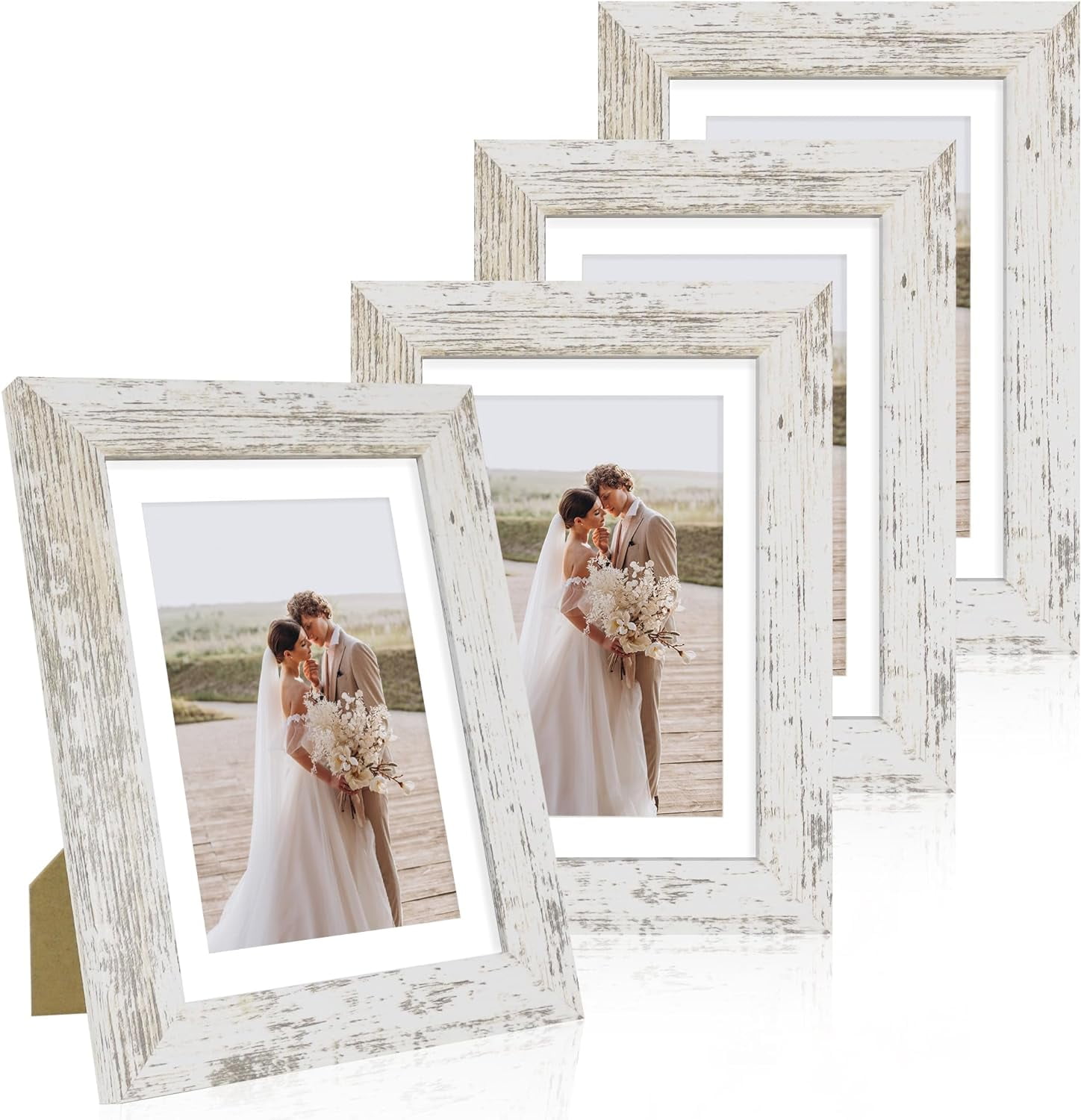 5x7 Picture Frame Set of 4, Made of Real Glass and Distressed White ...
