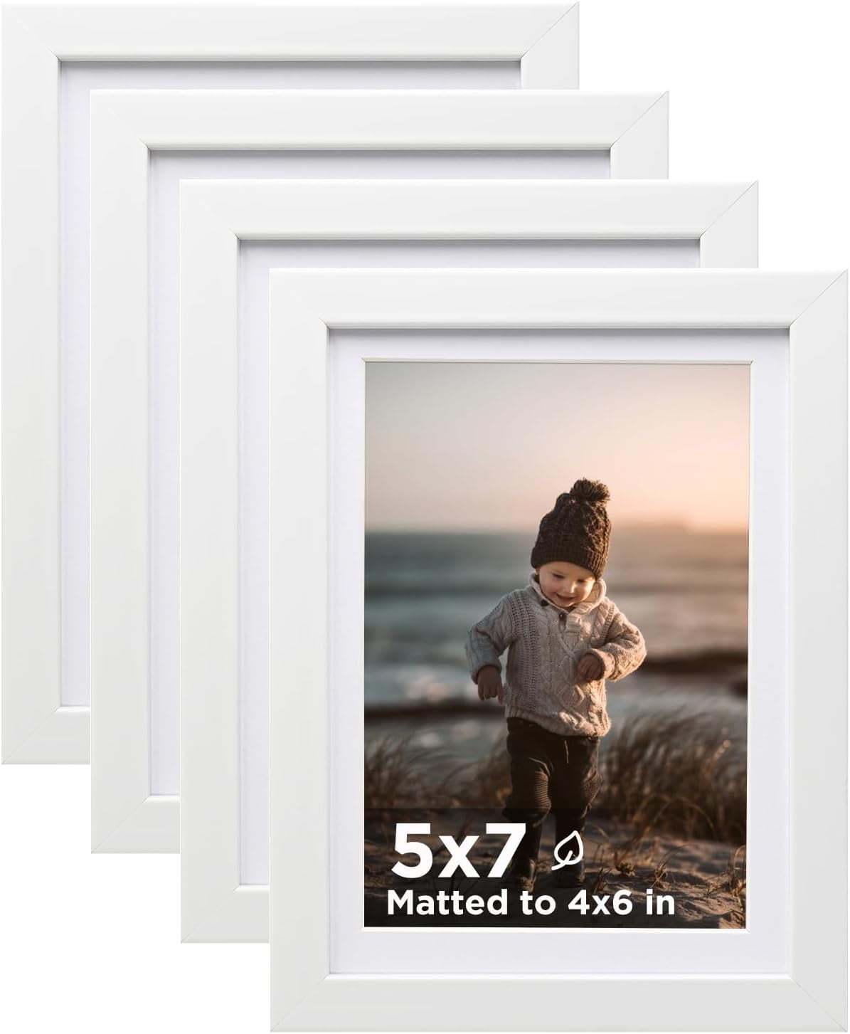 5x7 Picture Frame White Set of 4, Wooden Photo Frames Matted 4x6 with ...