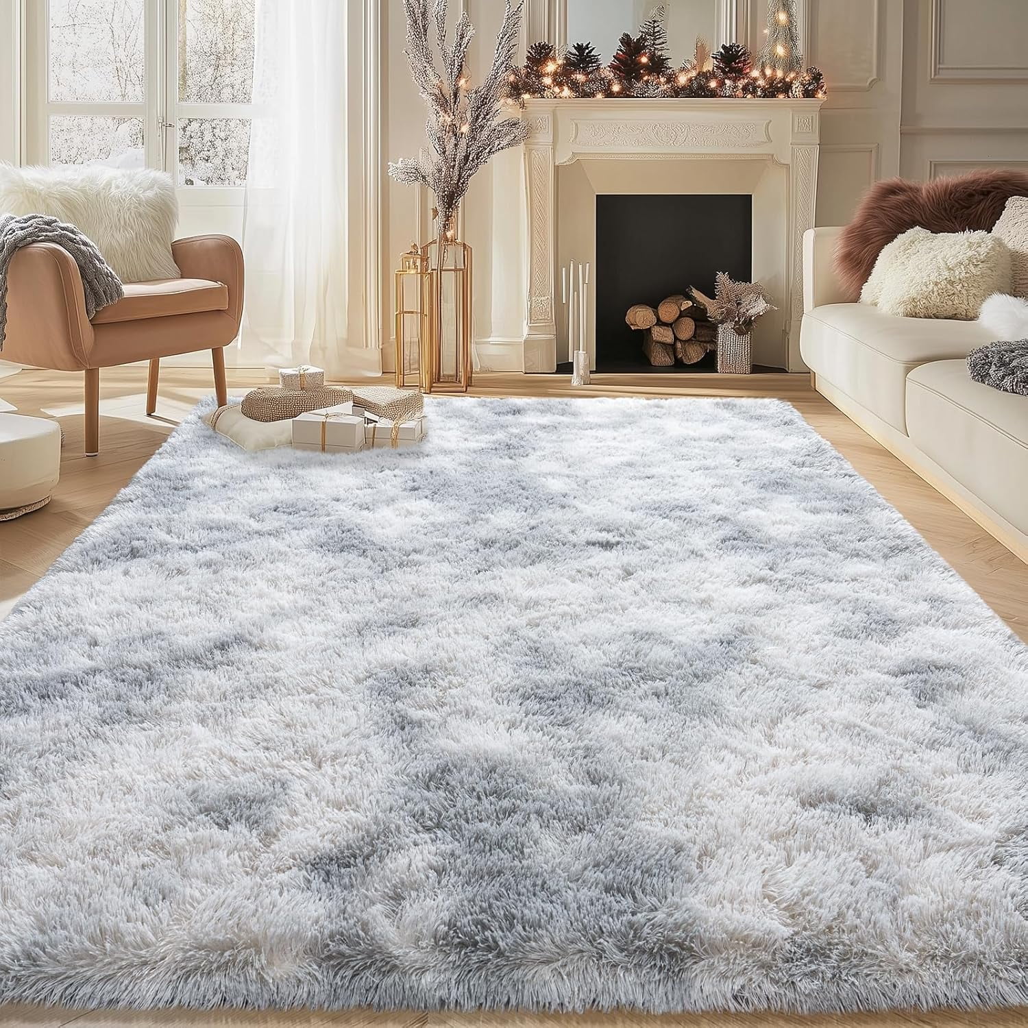 5x7 Shaggy Rugs for Living Room, Tie-Dyed Light Grey Fluffy Area Rug ...