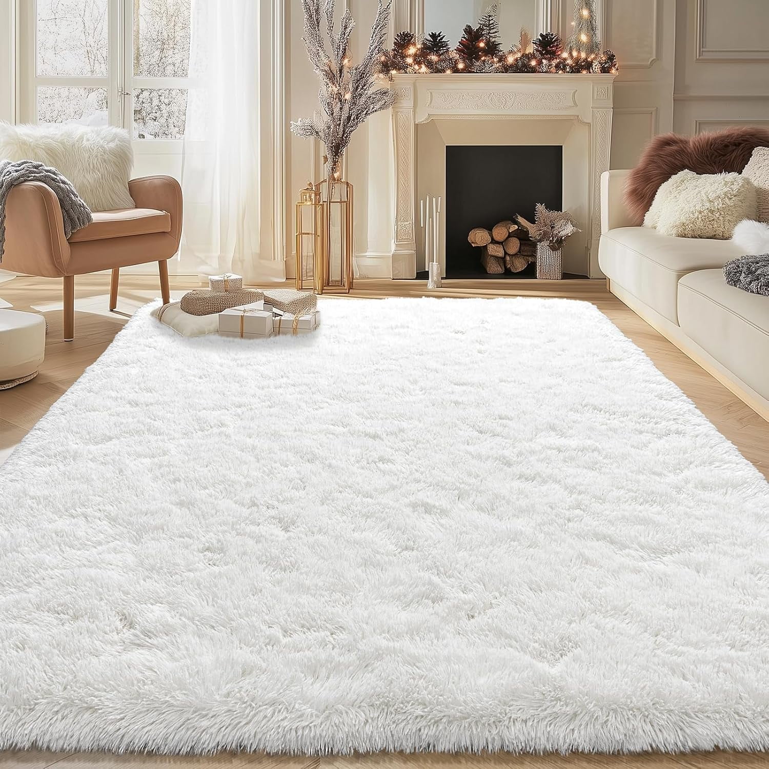 5x7 Shaggy Rugs for Living Room, White Fluffy Area Rug for Bedroom ...