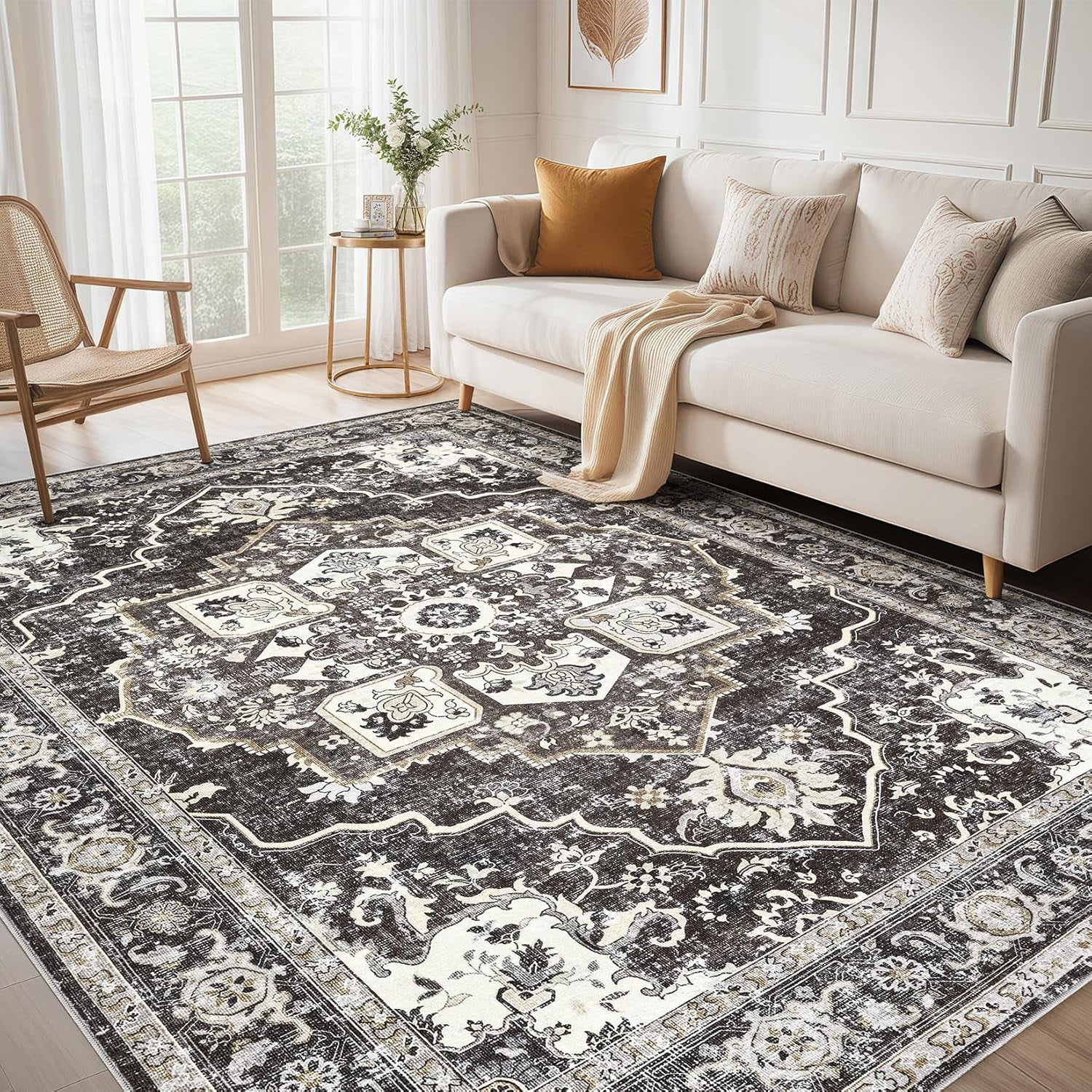 5x7 Vintage Area Rug: Washable Neutral Soft Non Slip Thin Large Floor ...