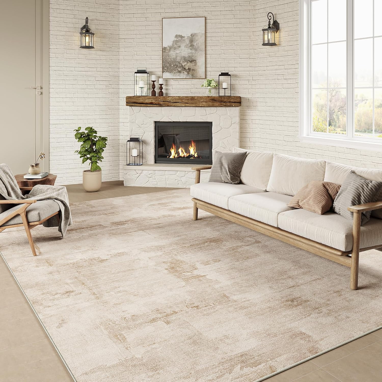 5x7 Washable Area Rug Beige Abstract Modern Living Room Bedroom Throw ...