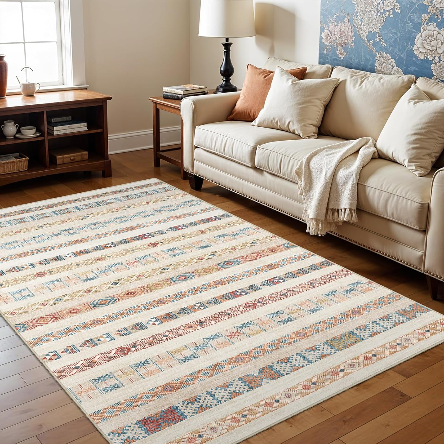 5x7 Washable Area Rug: Moroccan Neutral Boho Area Rug for Living Room ...