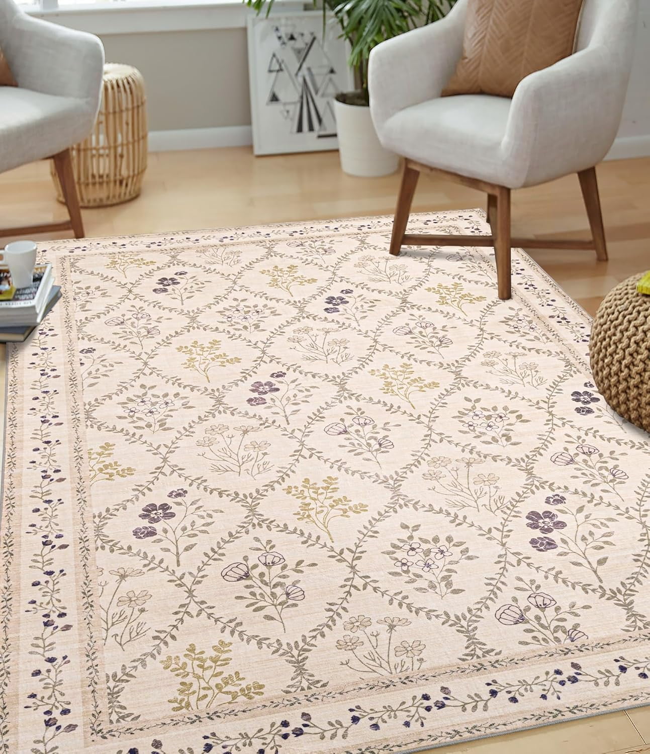 5x7 Washable Rug for Bedroom, Beige Floral Rugs for Living Room Non ...