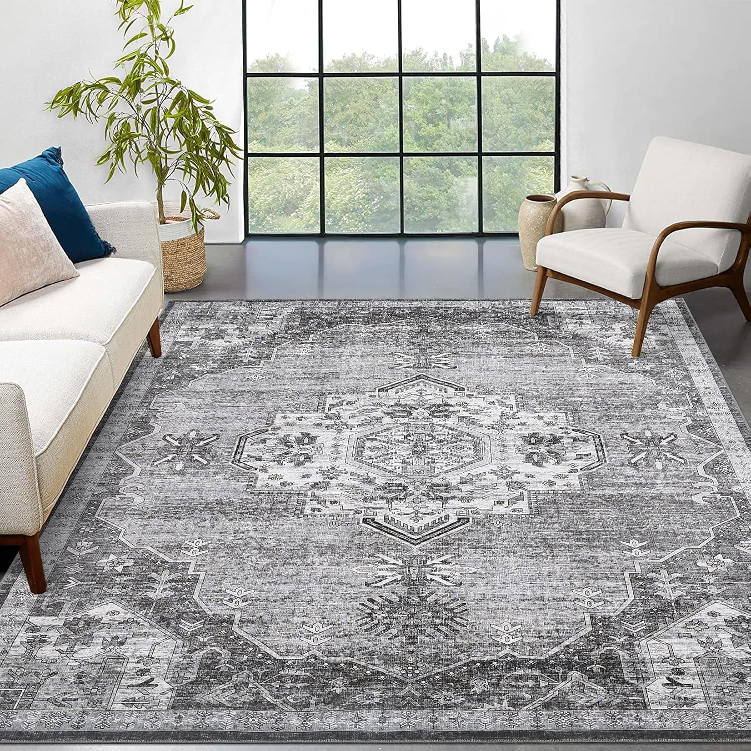 5x7 Washable Vintage Medallion Area Rug - Distressed Design for Living ...