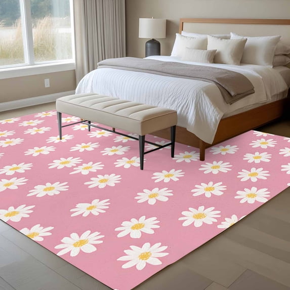 5x7 White Daisies Area Rug for Living Room, Washable Non Slip Low Pile ...