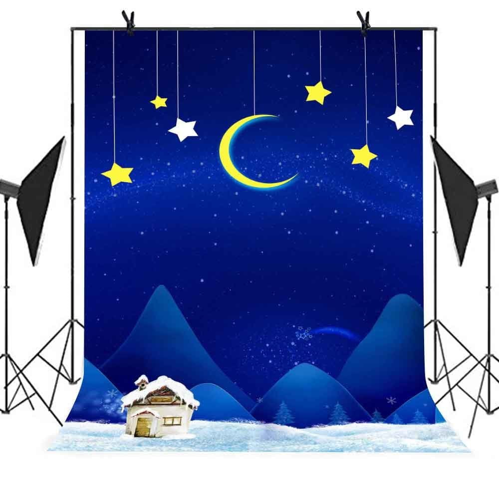 5x7ft Blue Cartoon Backdrop Moon Stars Mountain Tree Cartoon House ...