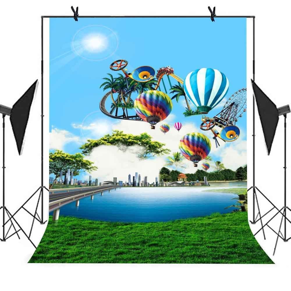 5x7ft Cartoon Shooting Backdrop Roller Coaster Hot Air Balloon Ferris ...
