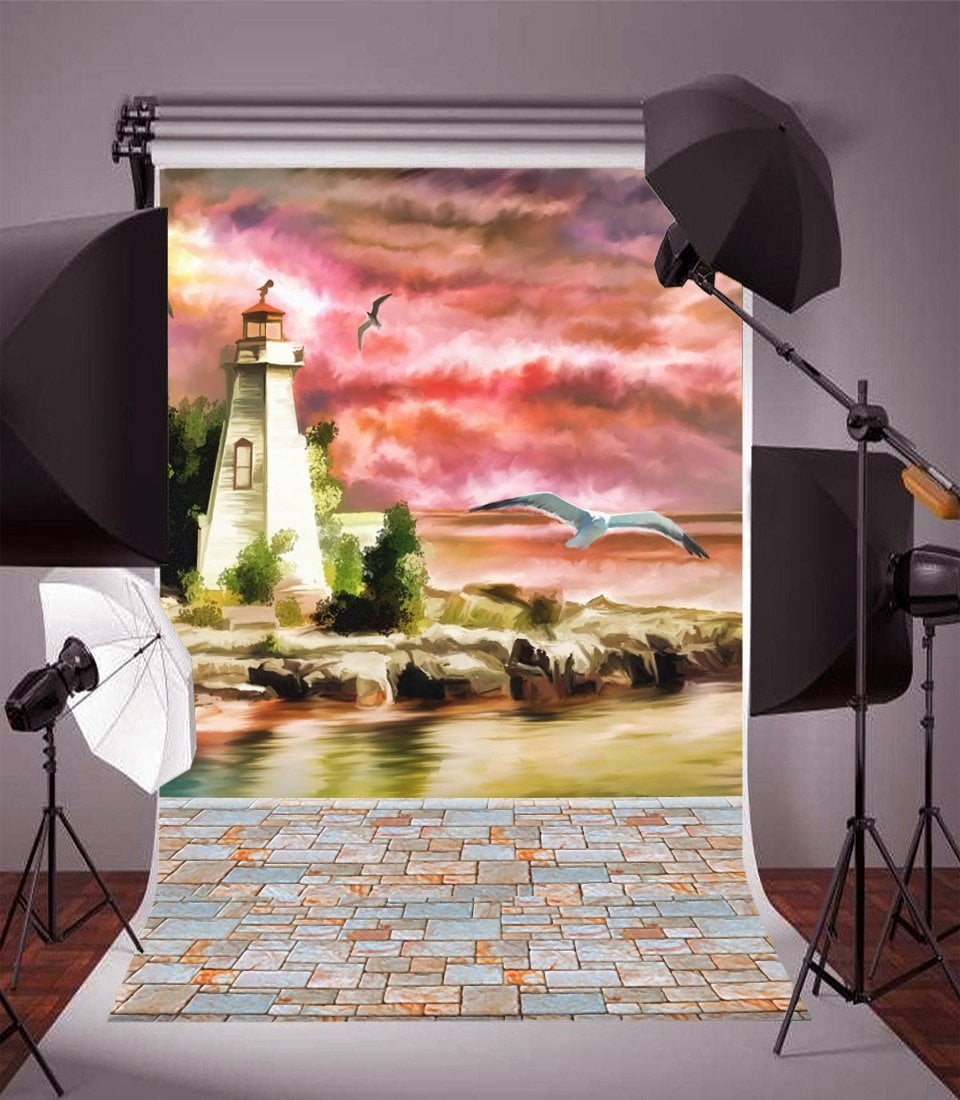 5x7ft Photography Background Coast Lighthouse Seagull Setting Sun ...