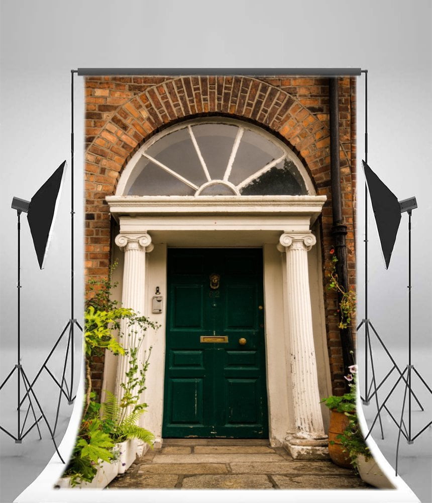 5x7ft Rustic House Backdrop Green Plants Wood Door White Pillar Grunge ...