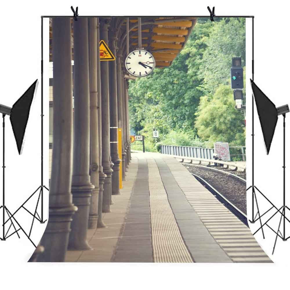 5x7ft Train Station Backdrop Brick Floor Pillar Clock Railroad Tree ...
