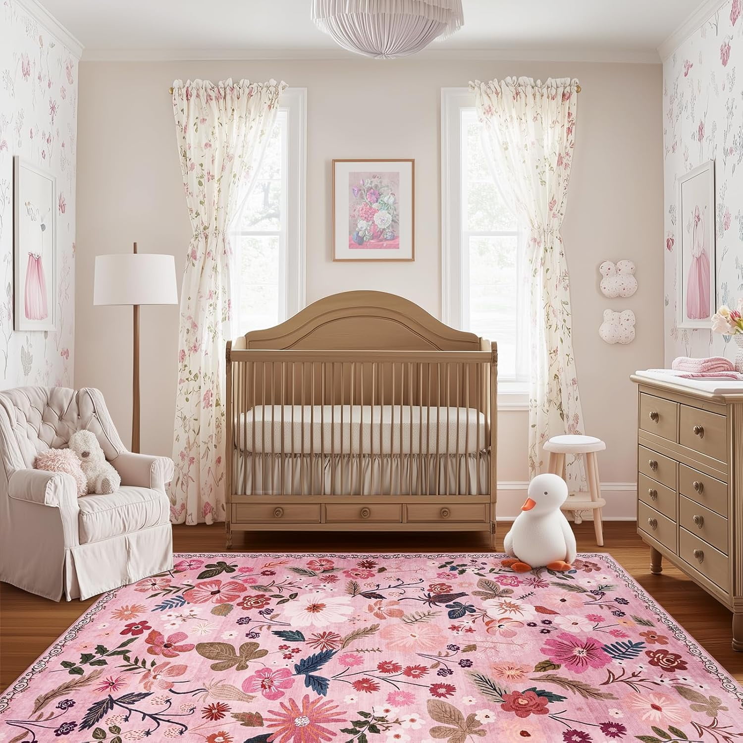 5x8 Area Rug for Nursery Girl Pink Floral Cute Washable Soft Low Pile ...