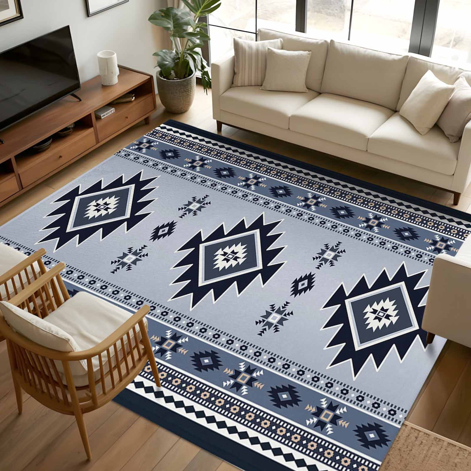5x8 Area Rugs, Blue Aztec Non-Skid Rubber Backing Large Rectangle Rugs ...