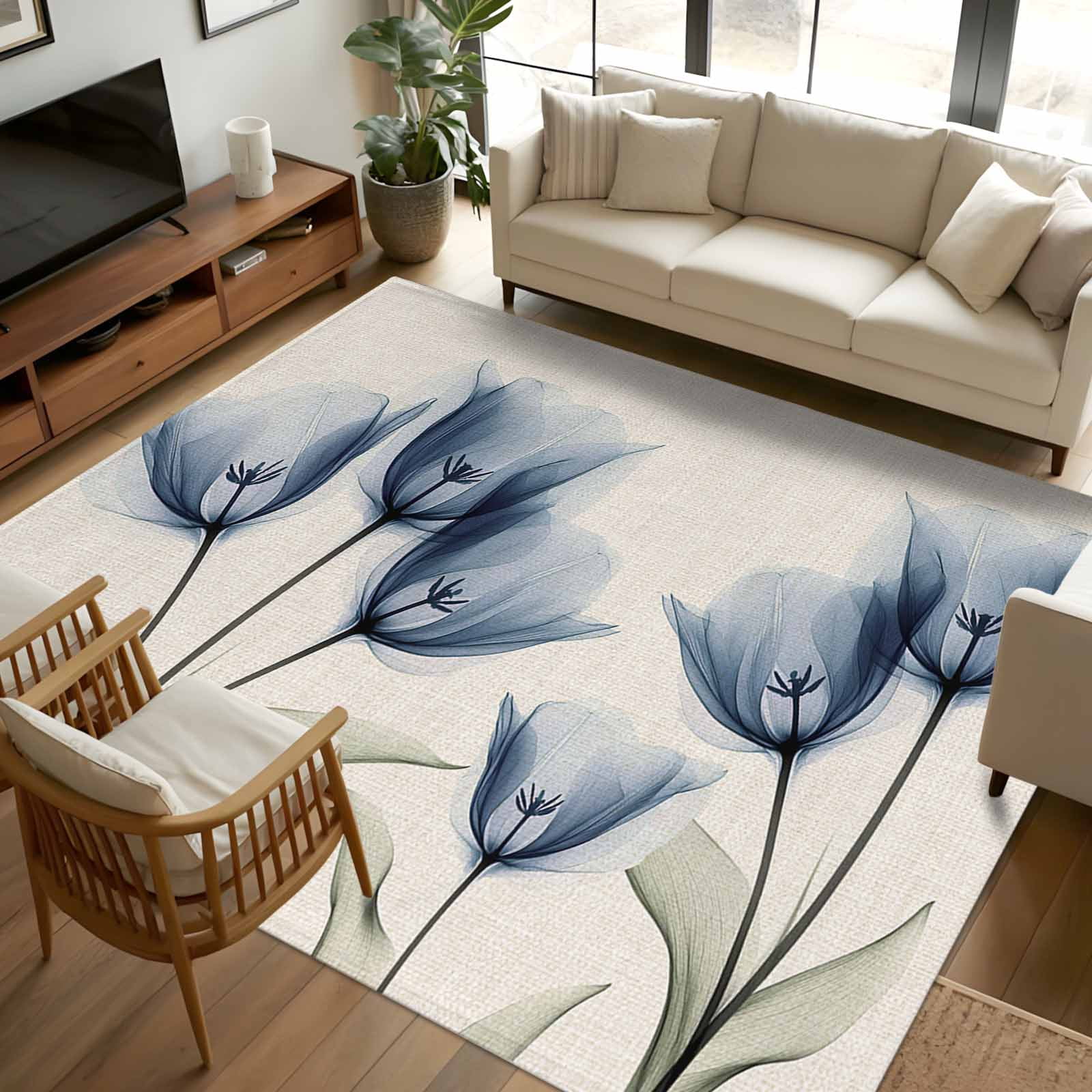 5x8 Area Rugs, Blue Tulip Non-Skid Rubber Backing Large Rectangle Rugs ...