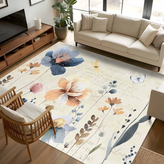 5x8 Area Rugs, Blue Yellow Flowers Non-Skid Rubber Backing Large ...