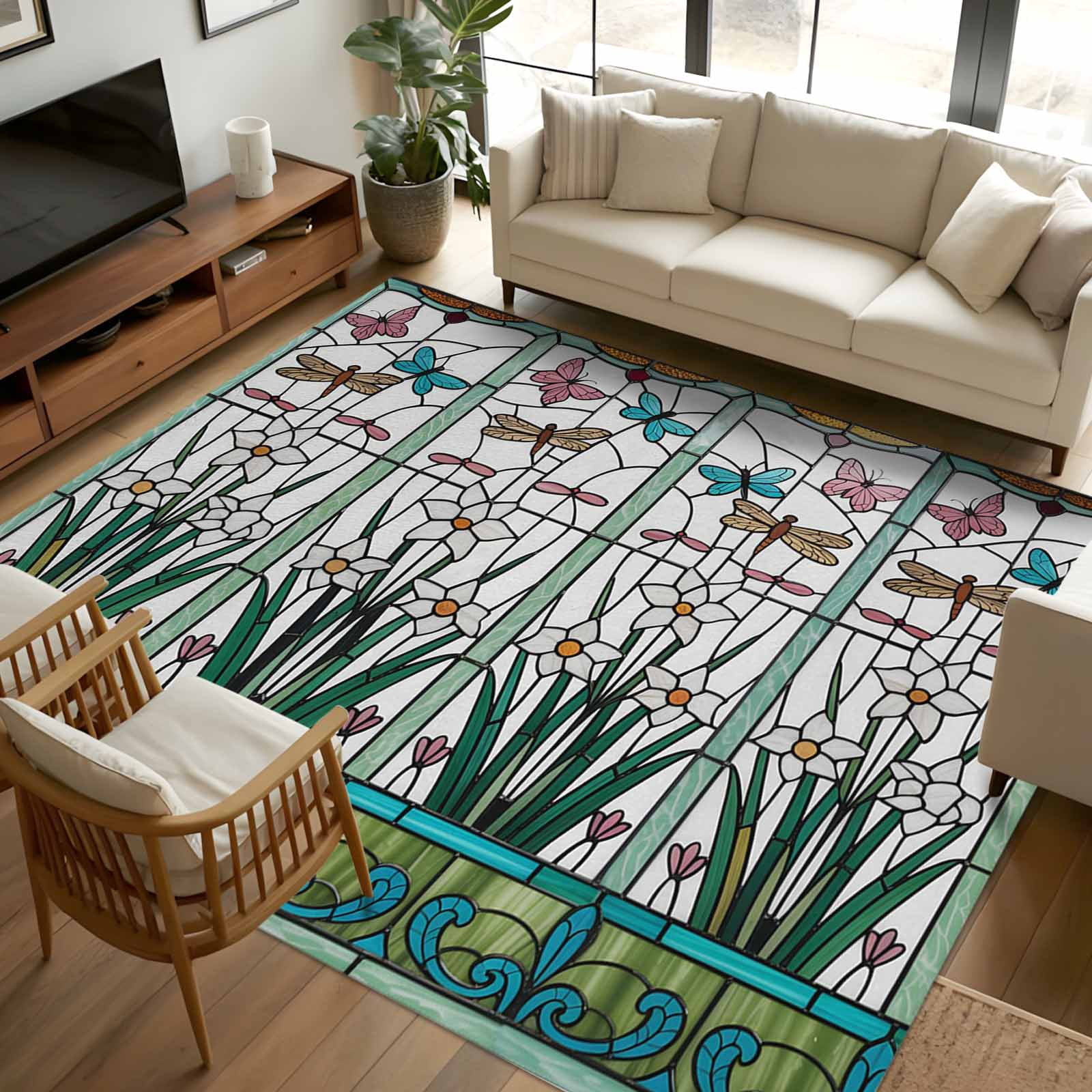 5x8 Area Rugs, Green Butterfly Flower Non-Skid Rubber Backing Large ...