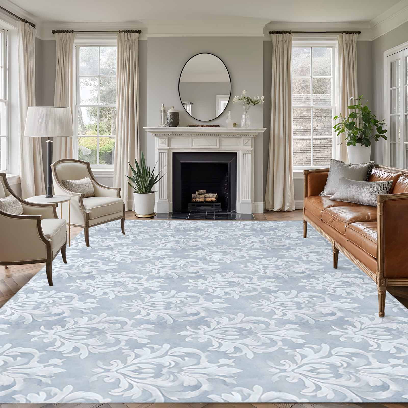 5x8 Area Rugs, Haze Blue Boho Non-Skid Rubber Backing Large Rectangle ...