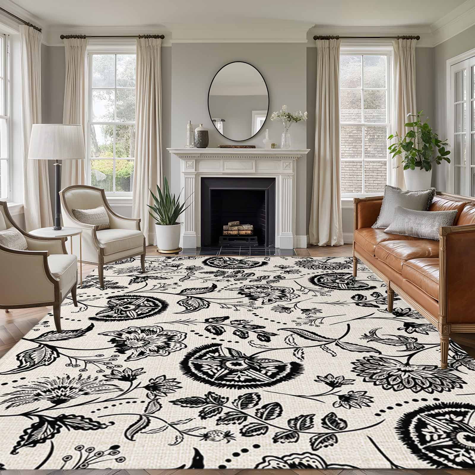 5x8 Area Rugs for Living Room, Black Spring Floral Non Slip Area Rugs ...