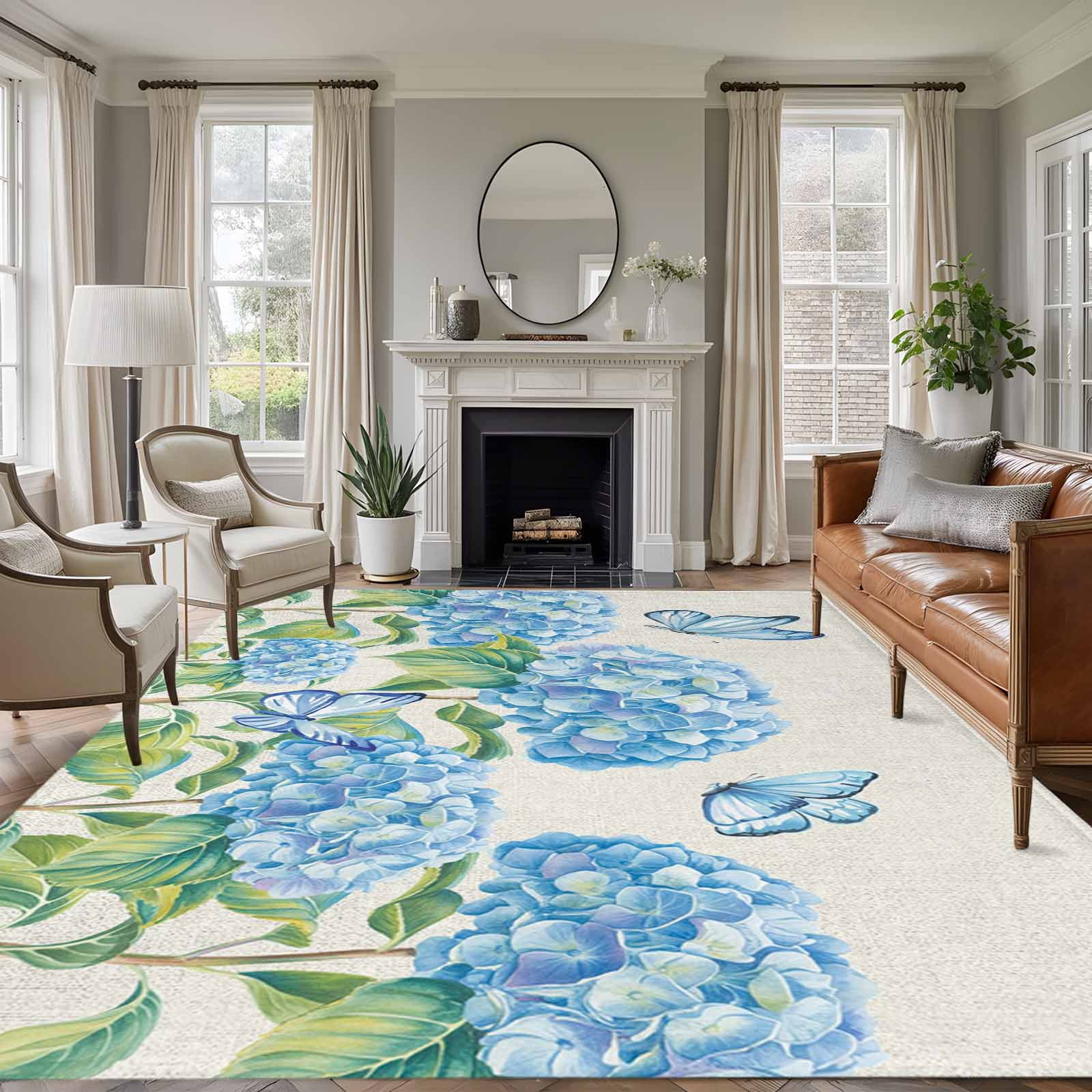5x8 Area Rugs for Living Room, Blue Floral Non Slip Area Rugs for ...