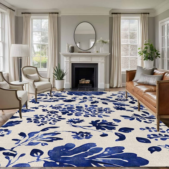 5x8 Area Rugs for Living Room, Blue Spring Floral Non Slip Area Rugs ...