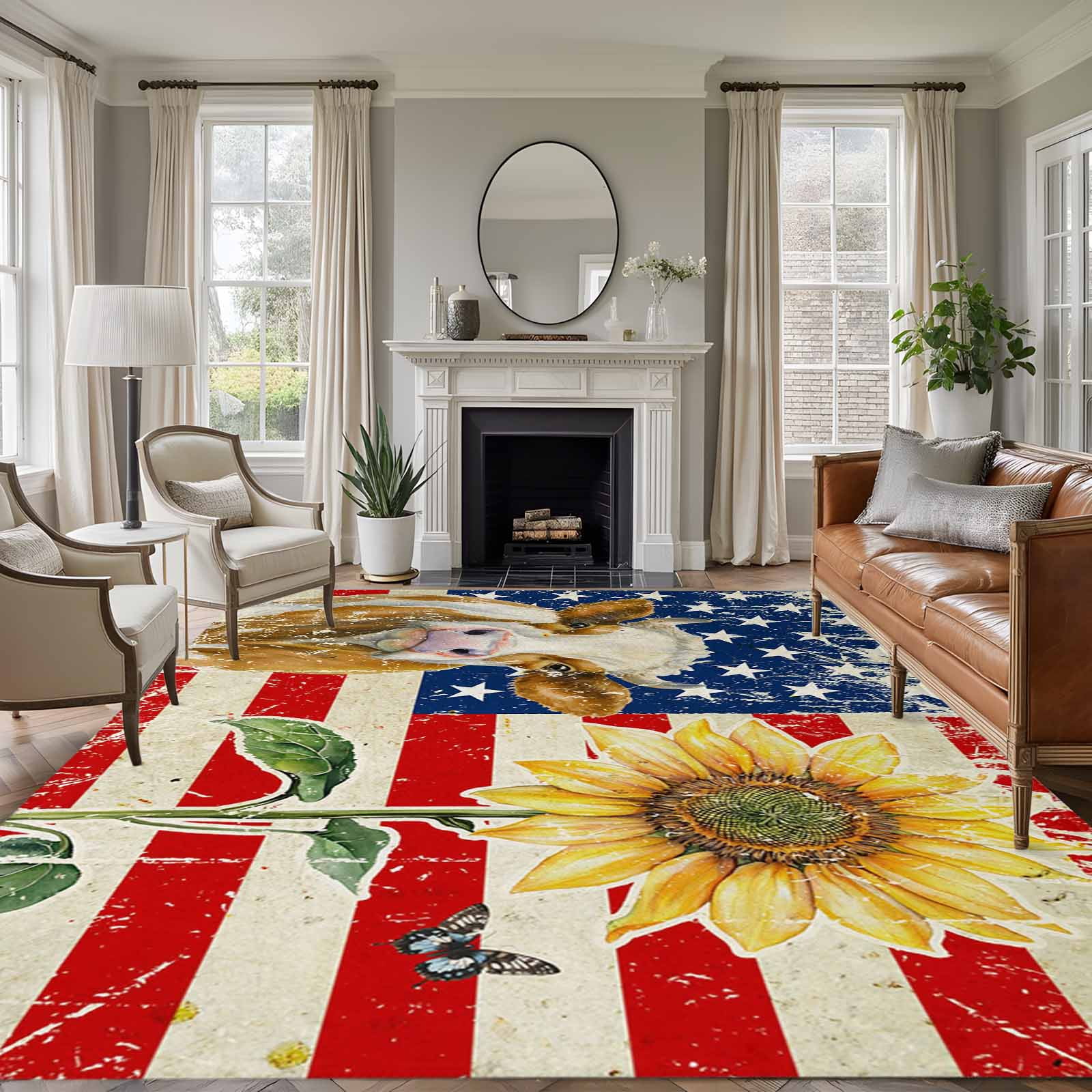 5x8 Area Rugs for Living Room, Farmhouse Cow USA Flag Non Slip Area ...