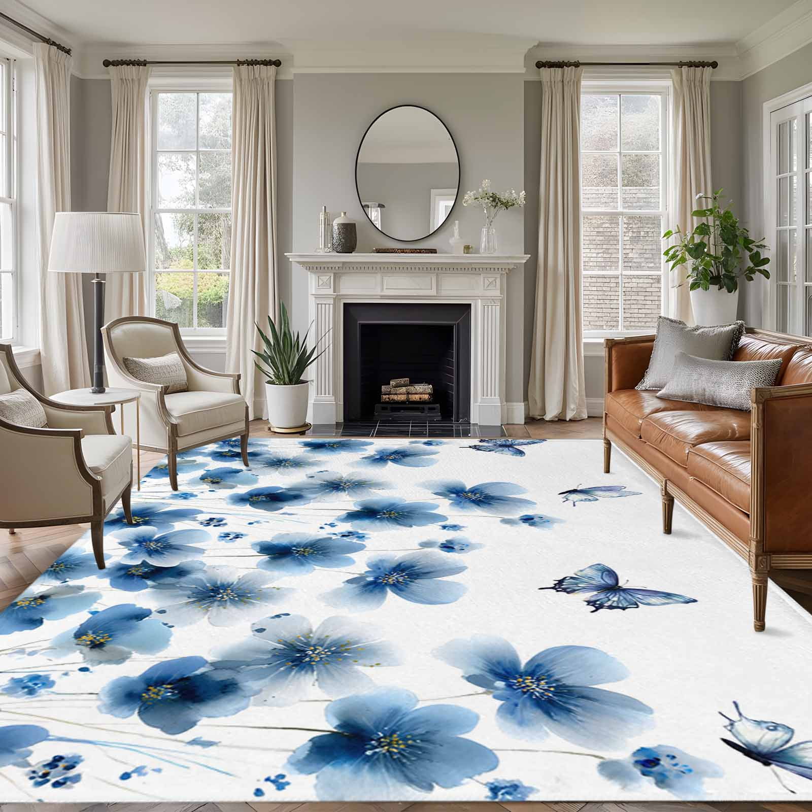 5x8 Area Rugs for Living Room, Navy Blue Floral Non Slip Area Rugs for ...
