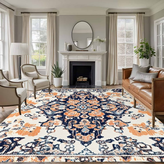 5x8 Area Rugs for Living Room, Orange Boho Non Slip Area Rugs for ...
