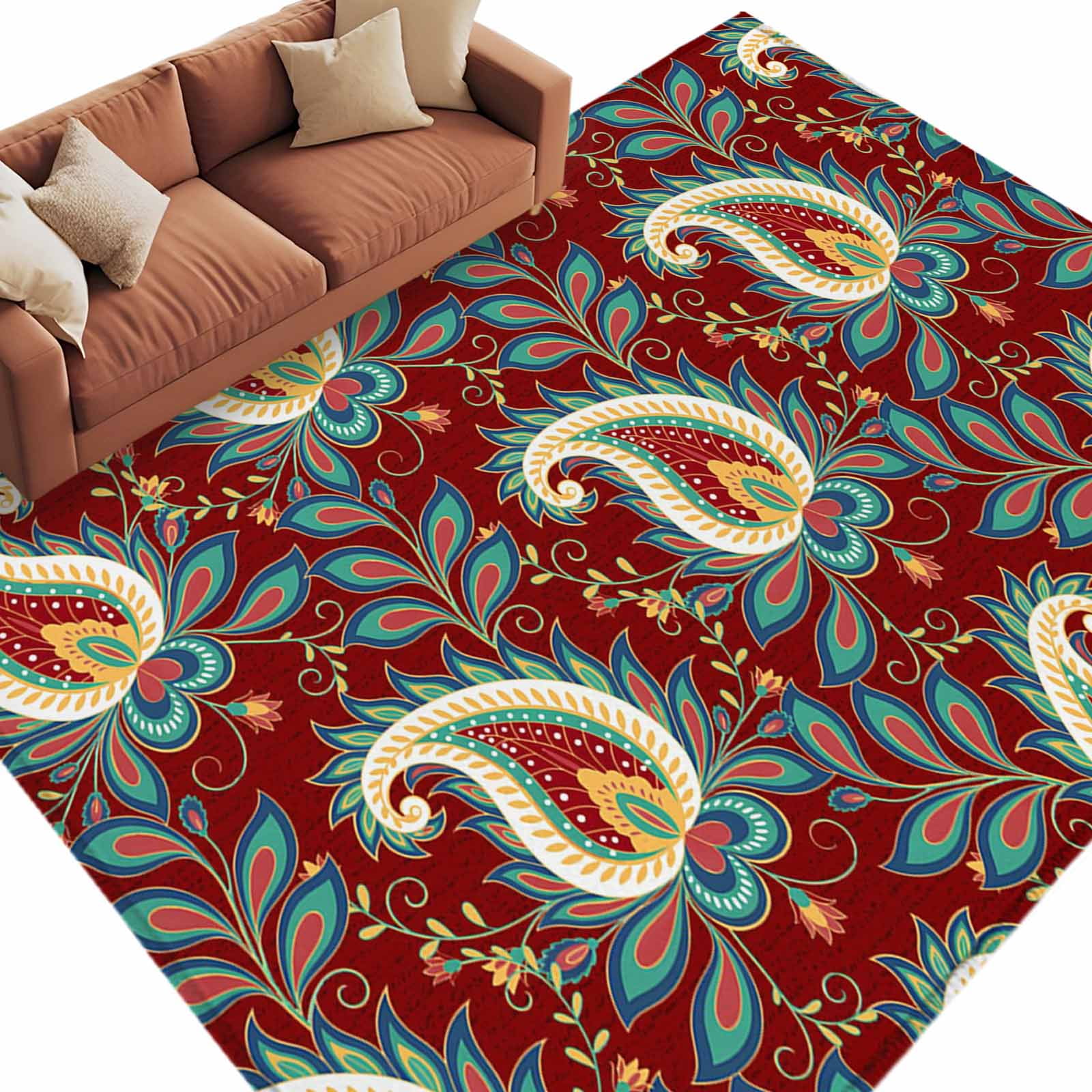 5x8 Area Rugs for Living Room, Red Boho Botanical Non Slip Area Rugs ...