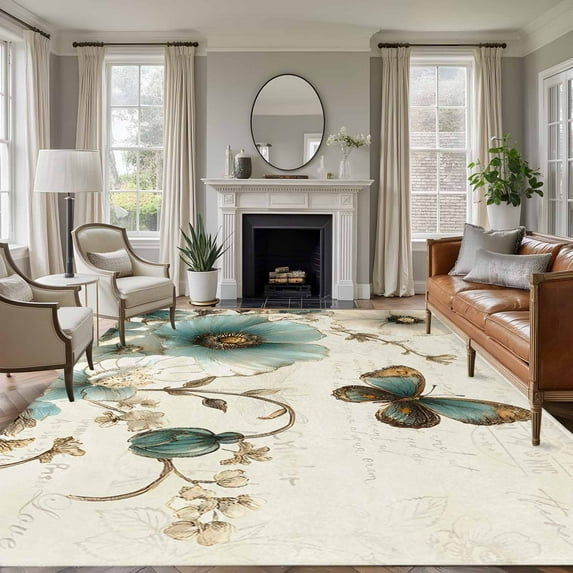 5x8 Area Rugs for Living Room, Teal Spring Floral Non Slip Area Rugs ...