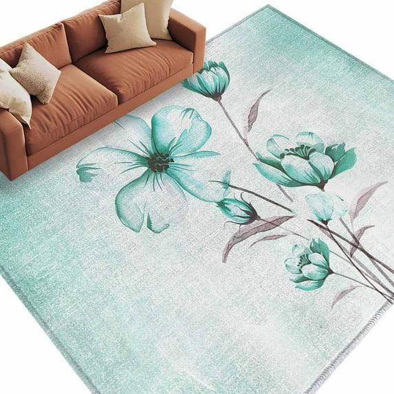 5x8 Area Rugs for Living Room, Turquoise Flowers Non Slip Area Rugs for ...