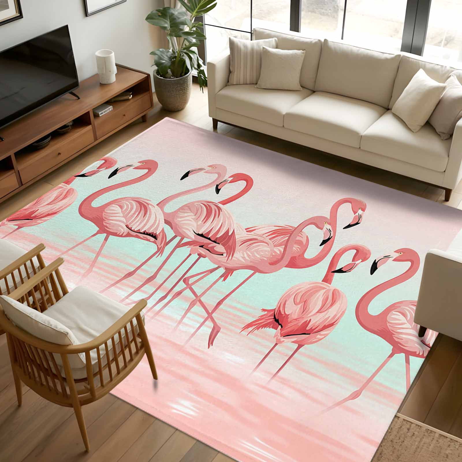 5x8 Area Rugs, Pink Flamingo Non-Skid Rubber Backing Large Rectangle ...