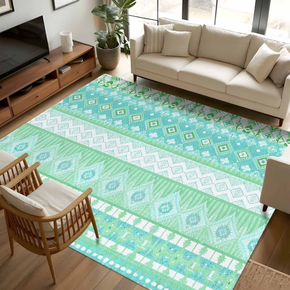 5x8 Area Rugs, Teal Green Boho Non-Skid Rubber Backing Large Rectangle ...