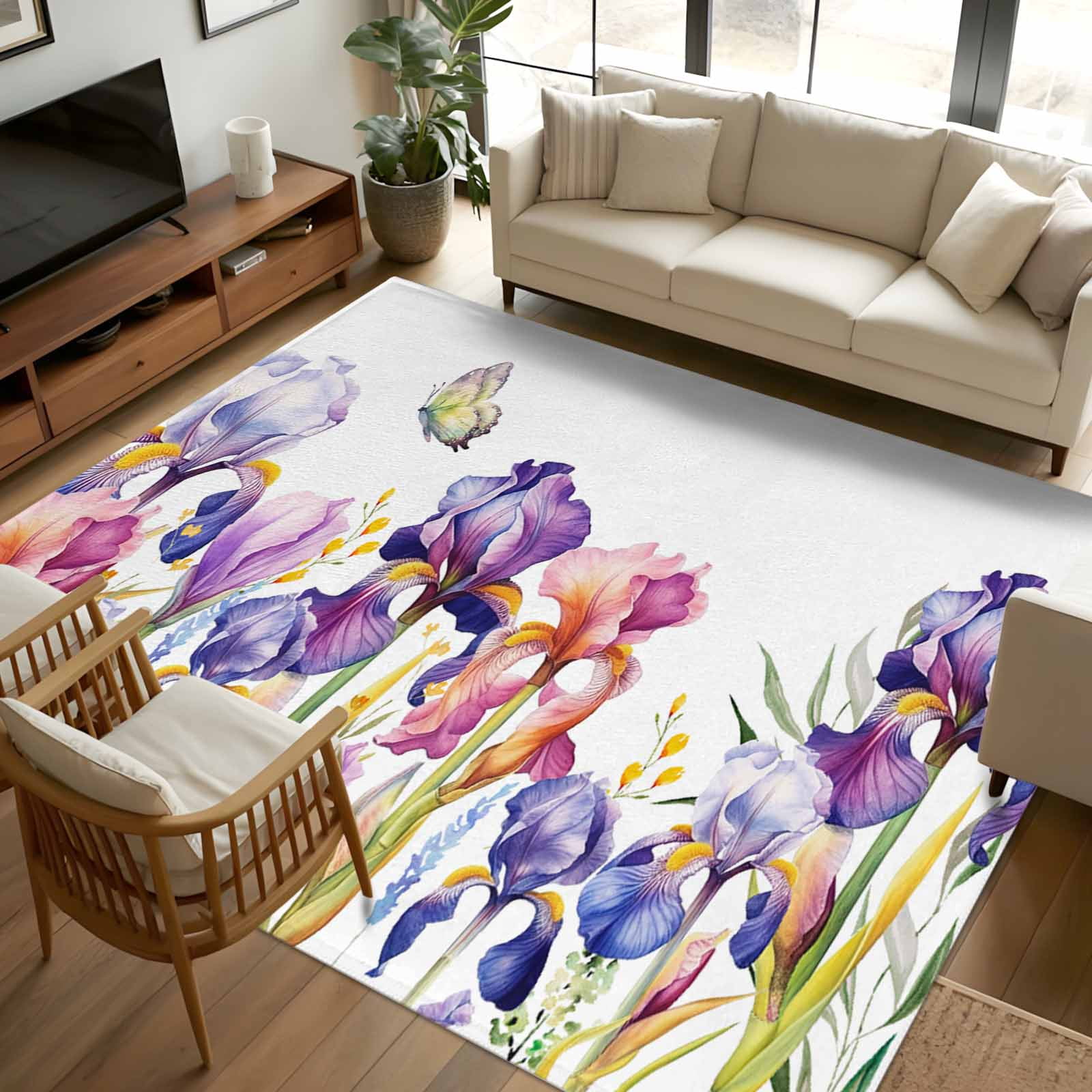 5x8 Area Rugs, Watercolor Purple Floral, Non-Skid Rubber Backing Large ...