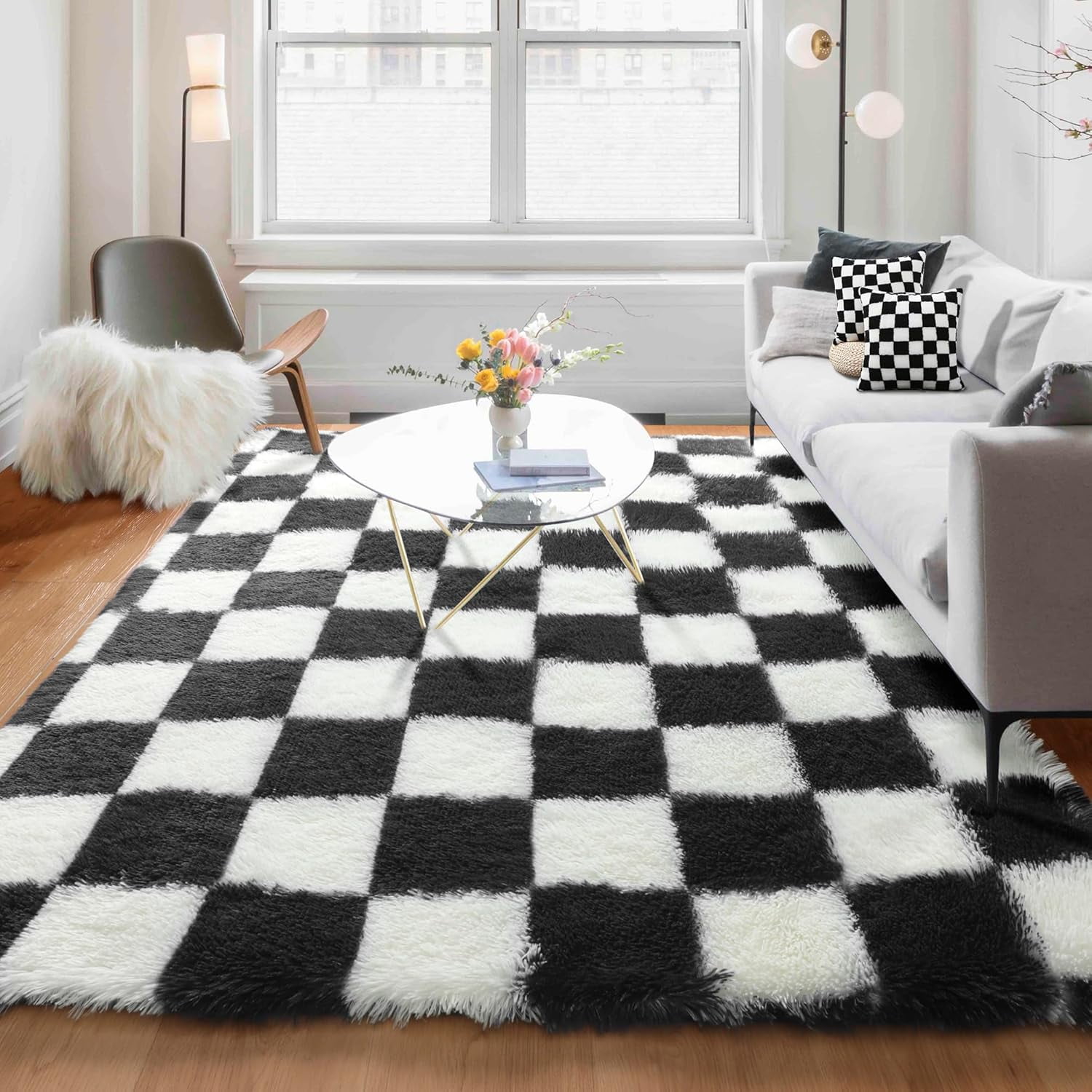 5x8 Black and White Checkered Fluffy Shag Rug | Large Plush Area Rug ...
