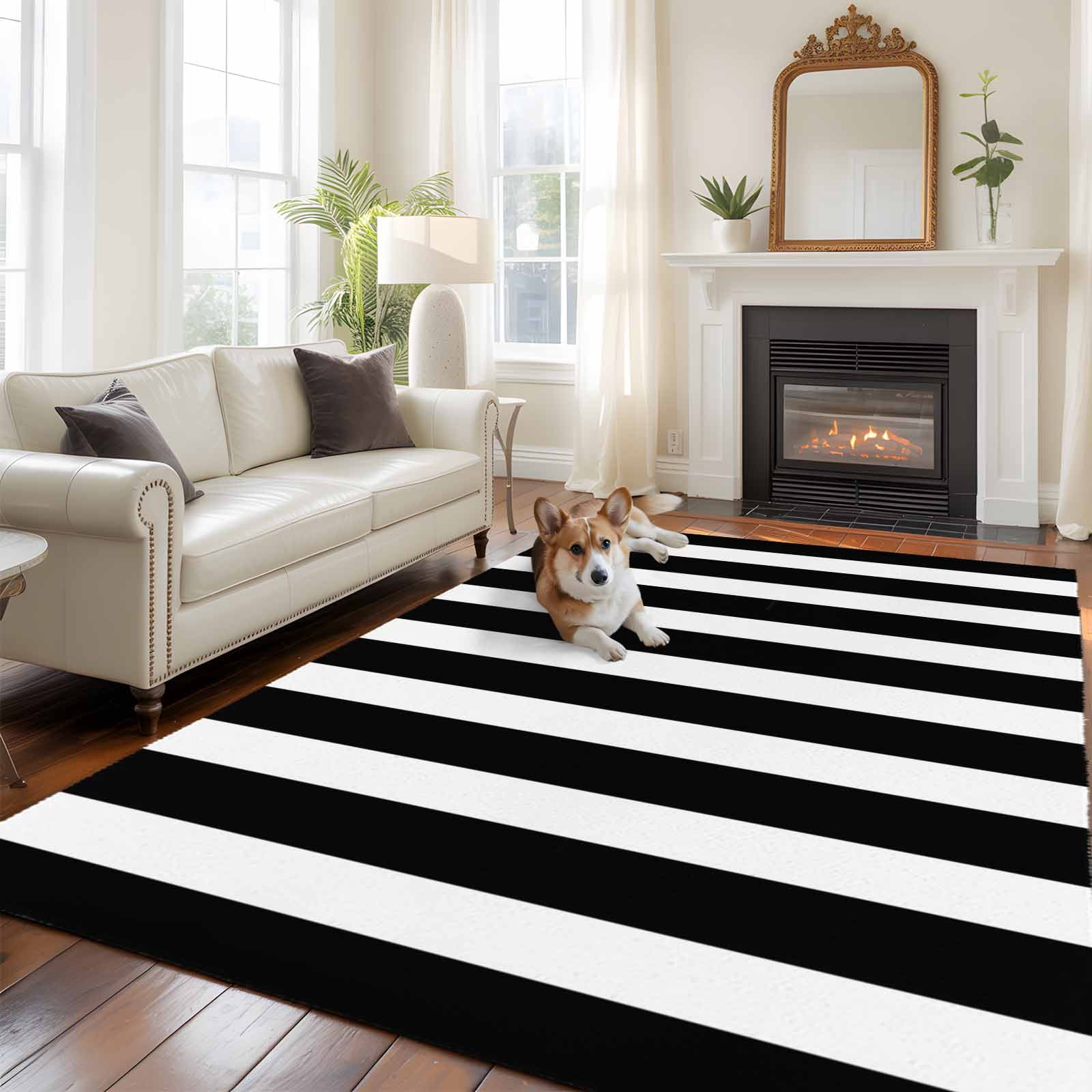 5x8 Black White Vertical Line Area Rug for Living Room, Washable Non ...