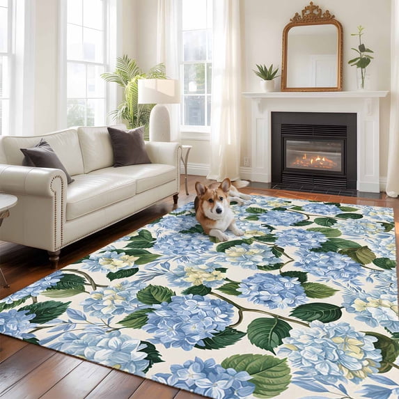 5x8 Blue Hydrangea Floral Area Rug for Living Room, Washable Non Slip ...