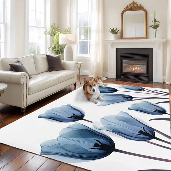 5x8 Blue Tulip Area Rug for Living Room, Washable Non Slip Low Pile ...