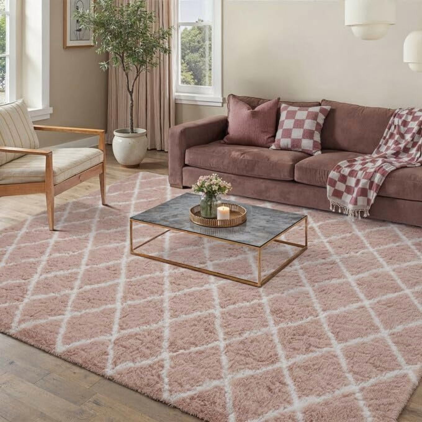 5x8 Checkered Rug for Bedroom Pink and White Modern Soft Area Rug ...