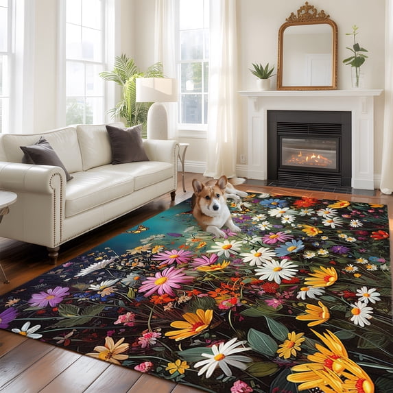 5x8 Flower Blossom Area Rug for Living Room, Washable Non Slip Low Pile ...