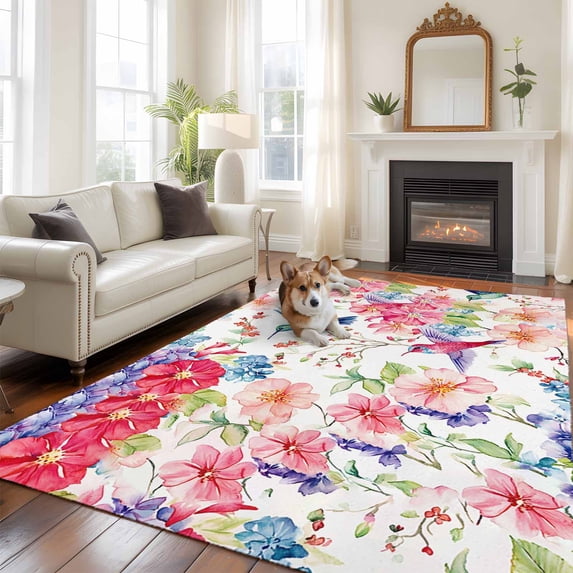 5x8 Flowers Birds Area Rug for Living Room, Washable Non Slip Low Pile ...